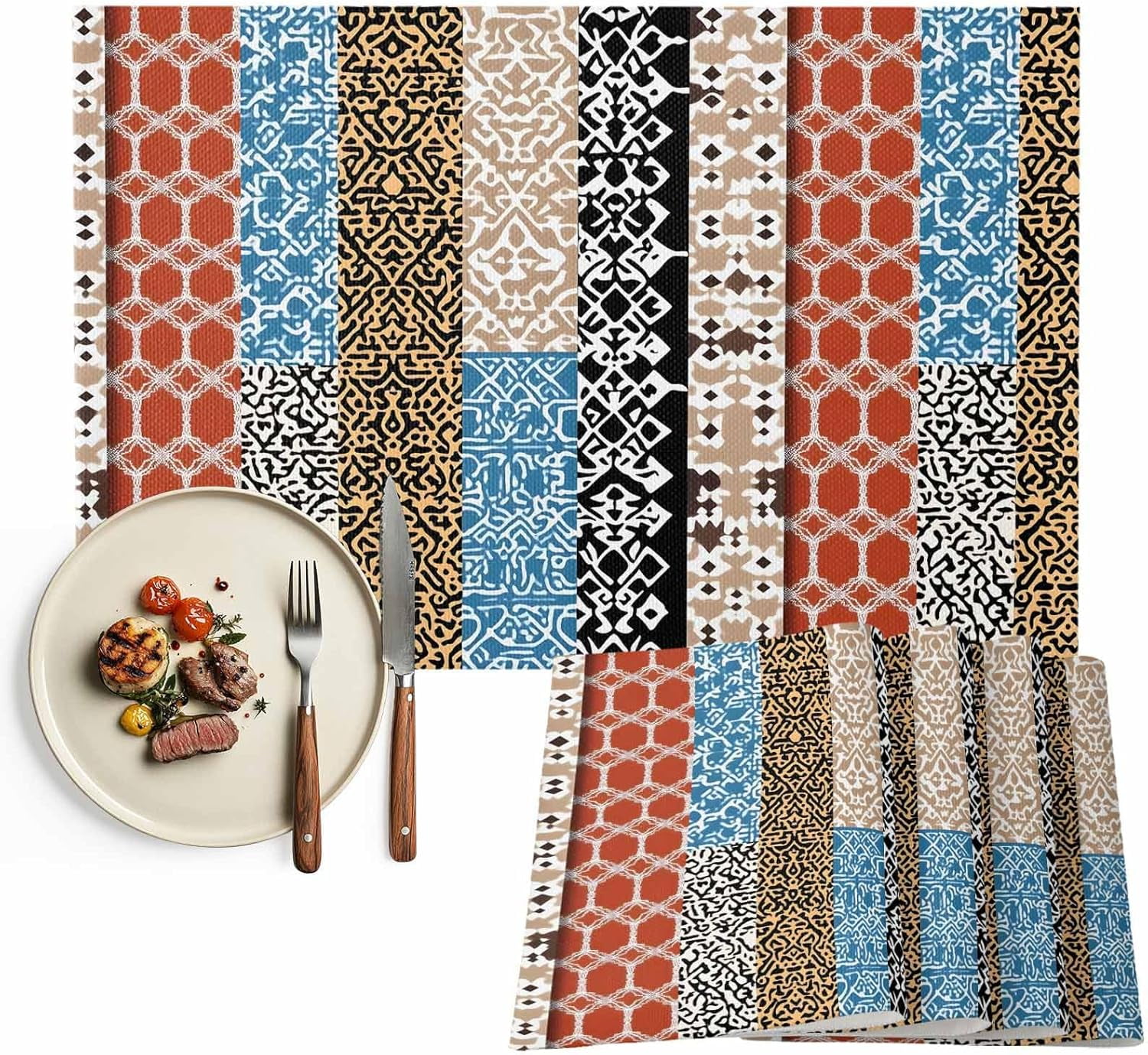 Ethnic Boho Placemats Set of 6 Washable Table Mats for Kitchen Dining ...