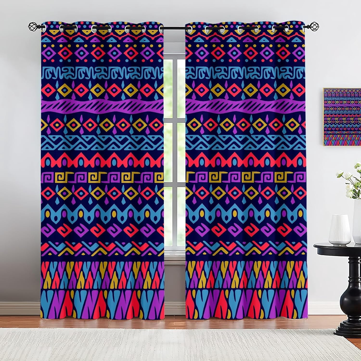 Ethnic Boho Purple Geometric Pattern Darkening Window Curtain Fashion ...