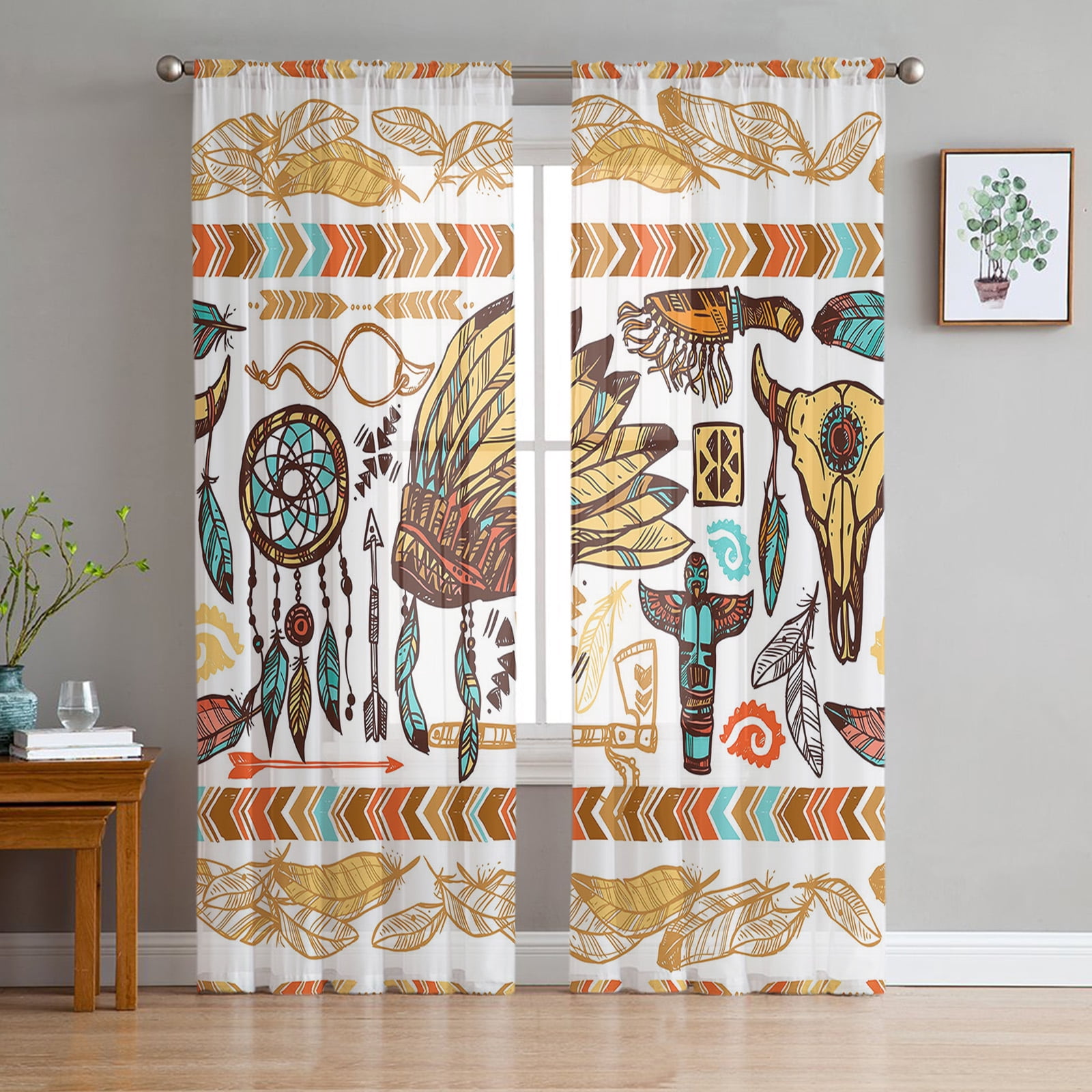 Ethnic Borders Feathers and Stripe Tribal Sheer Tulle Curtain for ...