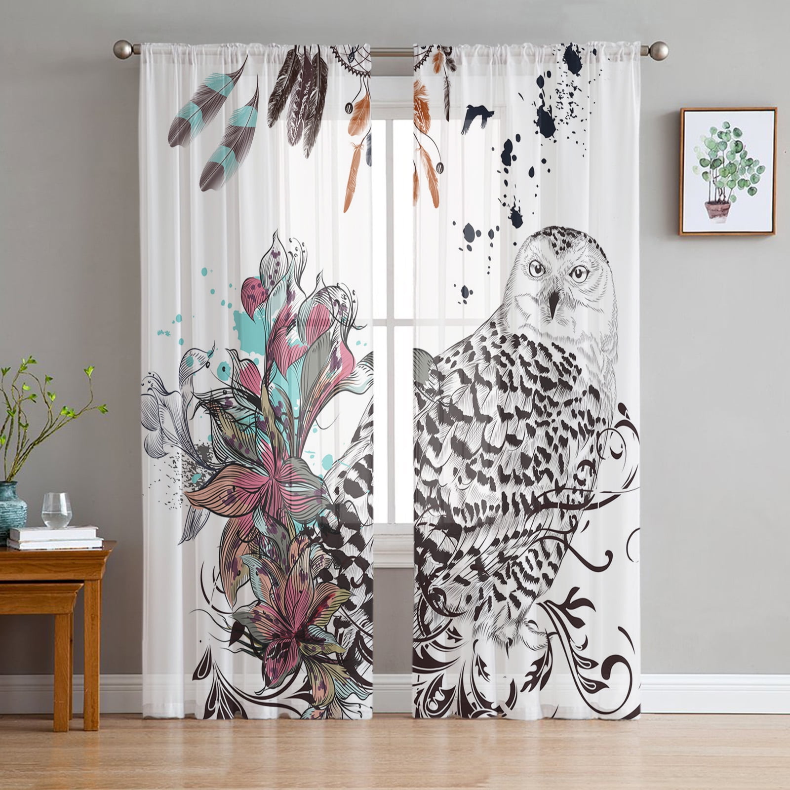 Ethnic Borders Feathers and Stripe Tribal Sheer Tulle Curtain for ...
