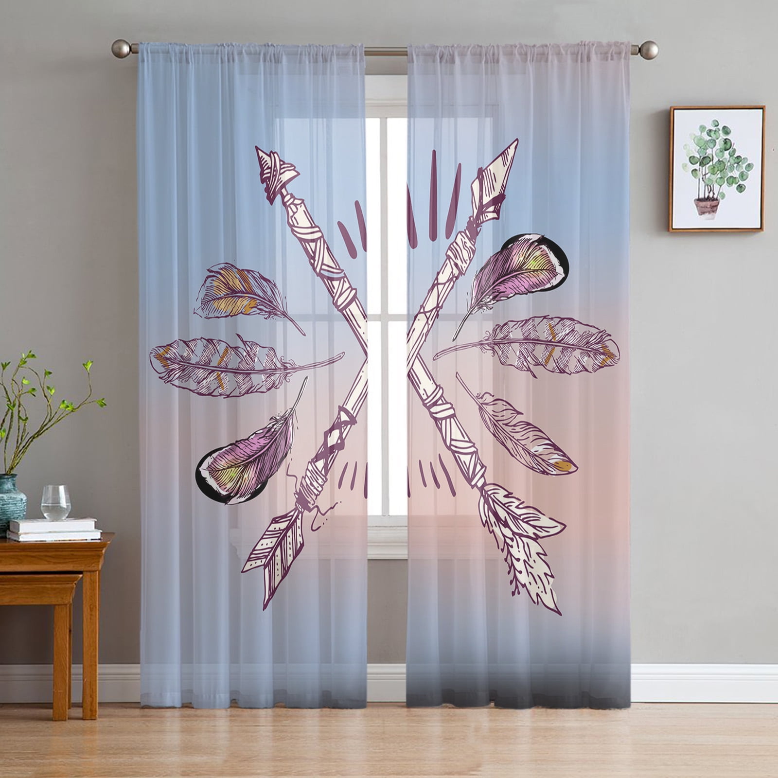 Ethnic Borders Feathers and Stripe Tribal Sheer Tulle Curtain for ...
