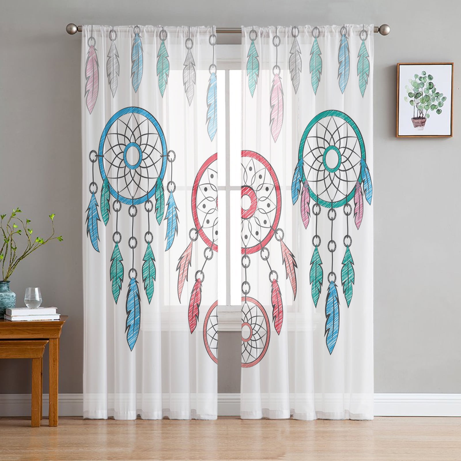 Ethnic Borders Feathers and Stripe Tribal Sheer Tulle Curtain for ...