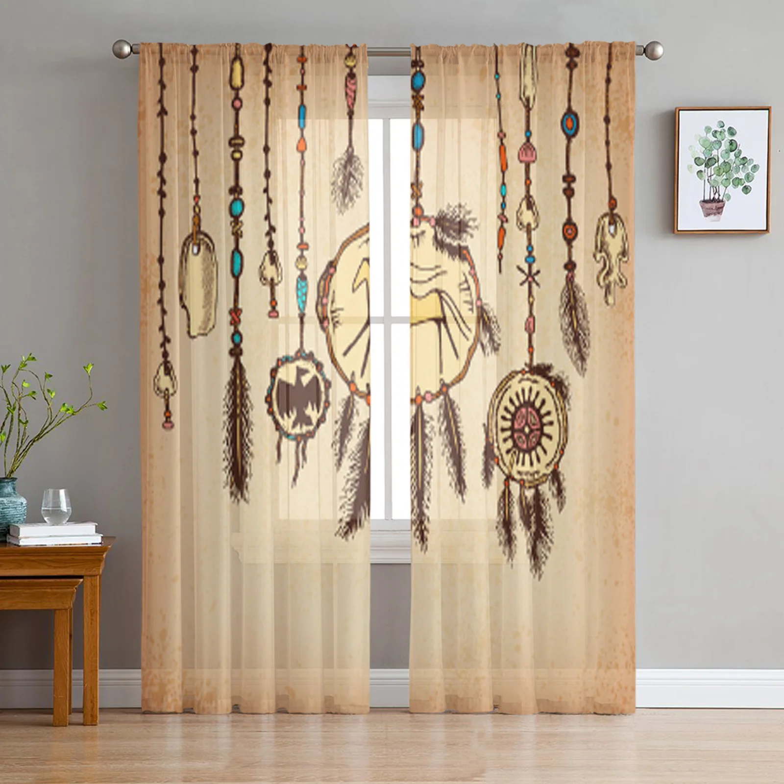 Ethnic Borders Feathers and Stripe Tribal Sheer Tulle Curtain for ...