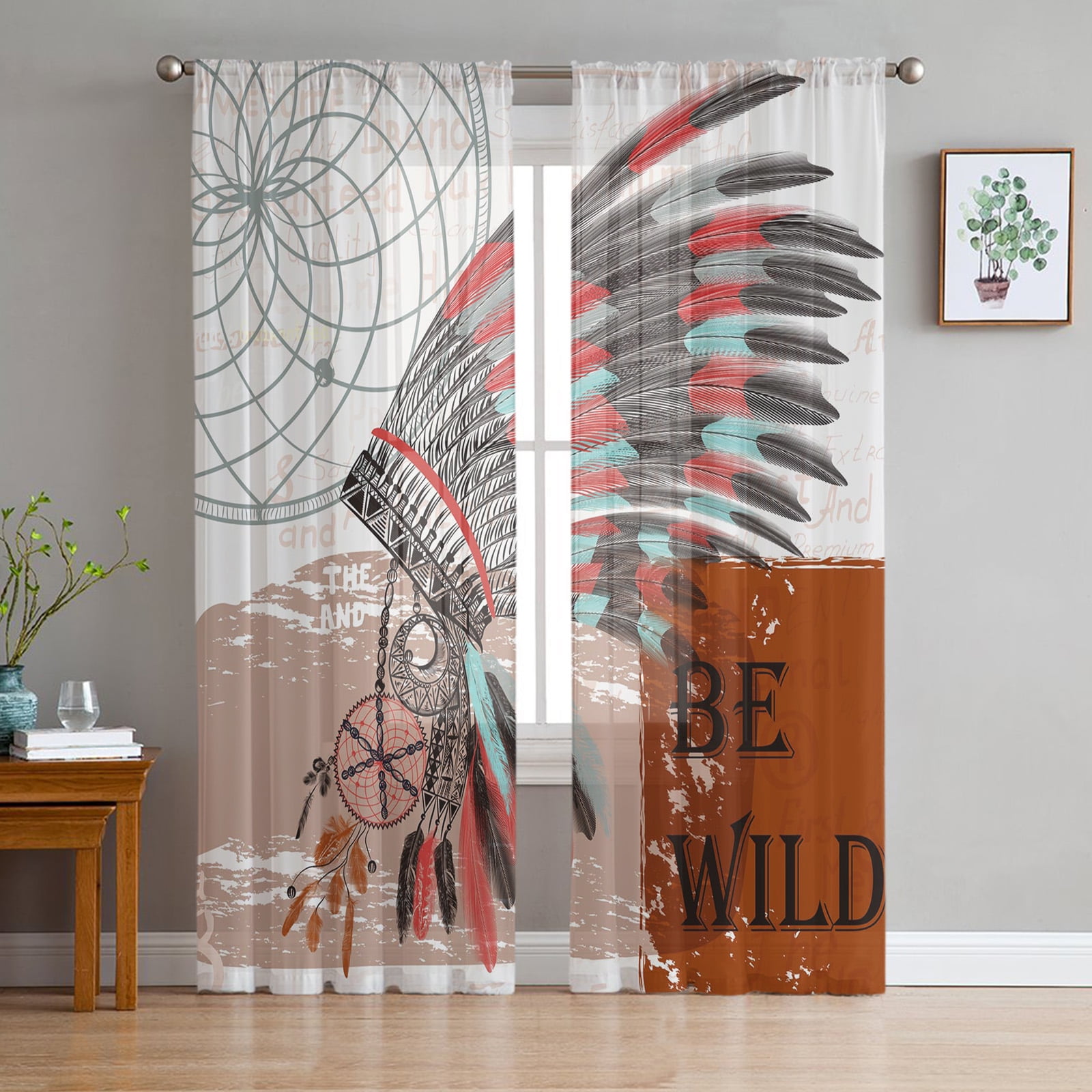Ethnic Borders Feathers and Stripe Tribal Sheer Tulle Curtain for ...