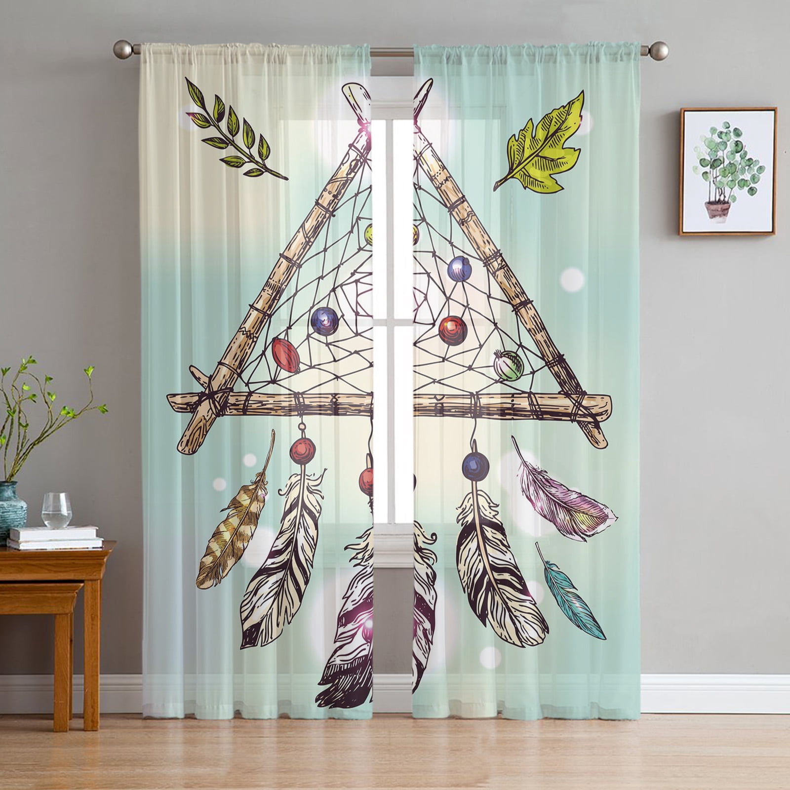 Ethnic Borders Feathers and Stripe Tribal Sheer Tulle Curtain for ...