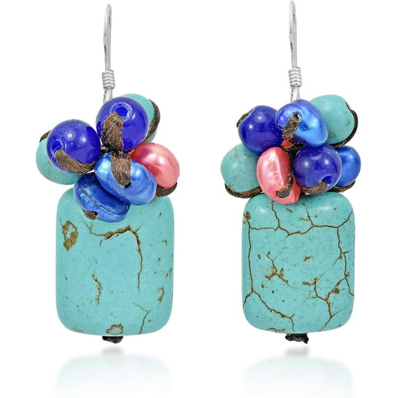 Ethnic Cluster Square Simulated Turquoise and cultured freshwater pearl ...