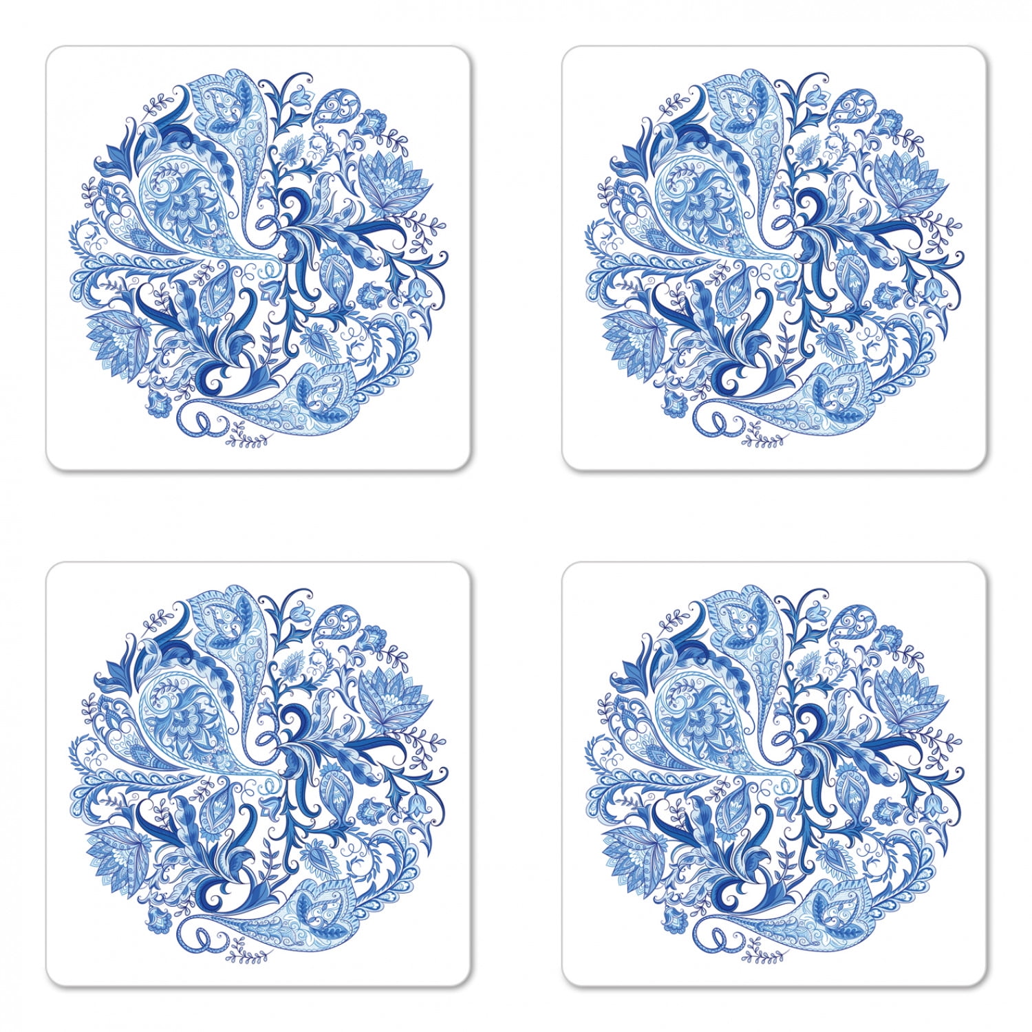 Ethnic Coaster Set of 4, Classic Paisley Petals Circular Shape Blue ...