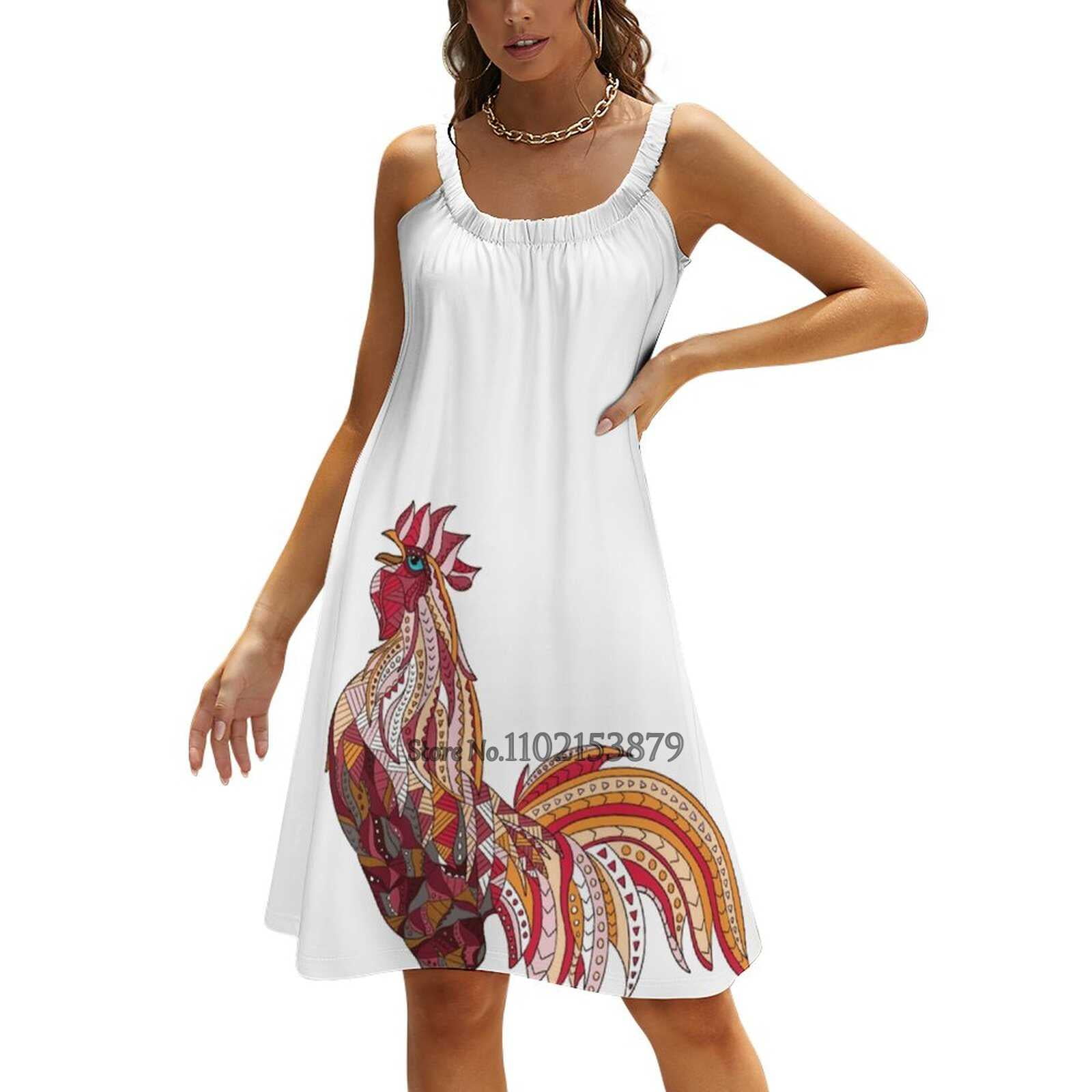 Ethnic Crowing Rooster Back Lacing Backless Dress Square Neck Dress ...