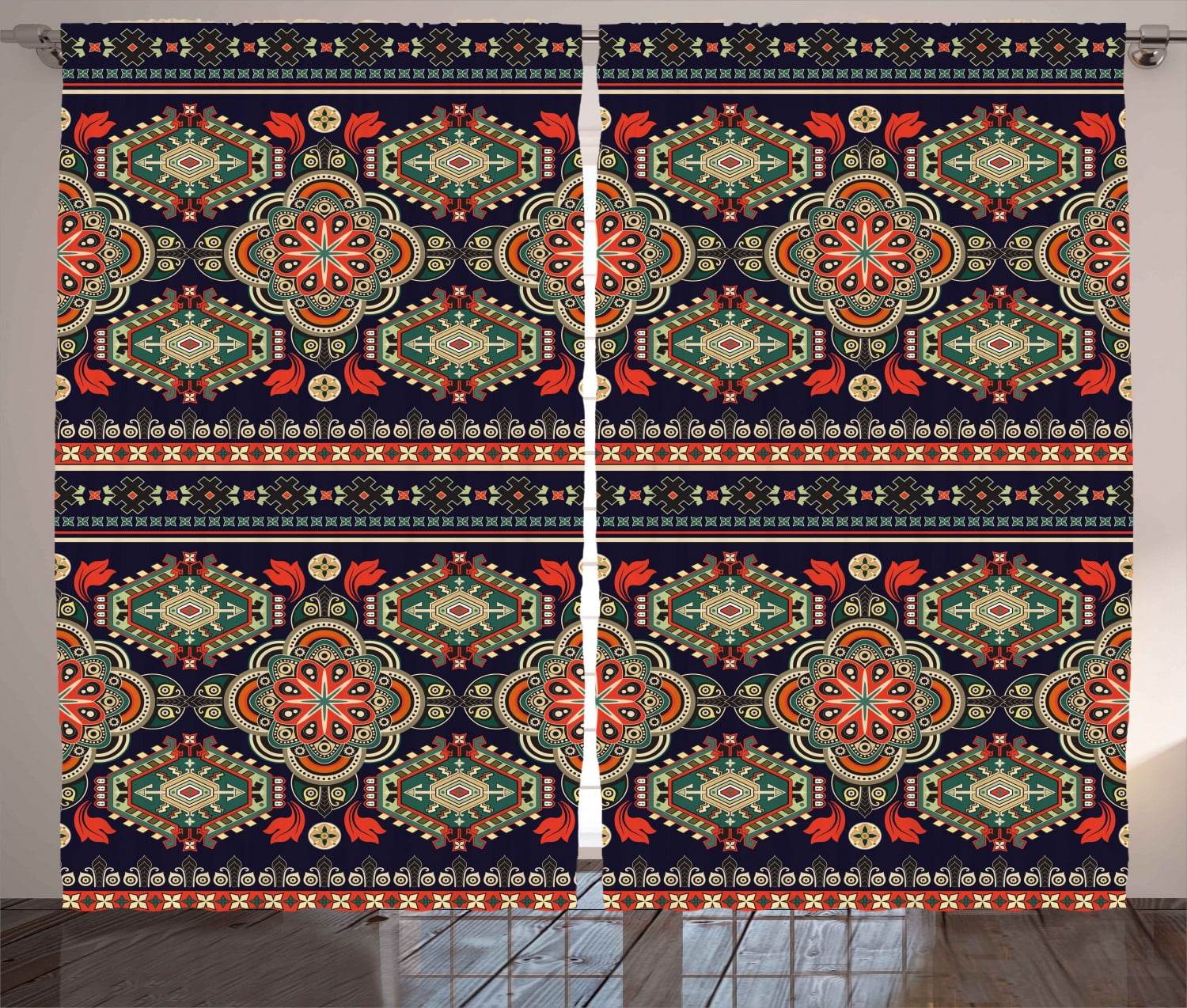 Ethnic Curtains 2 Panels Set, Arabesque Traditional Folkloric Motif ...