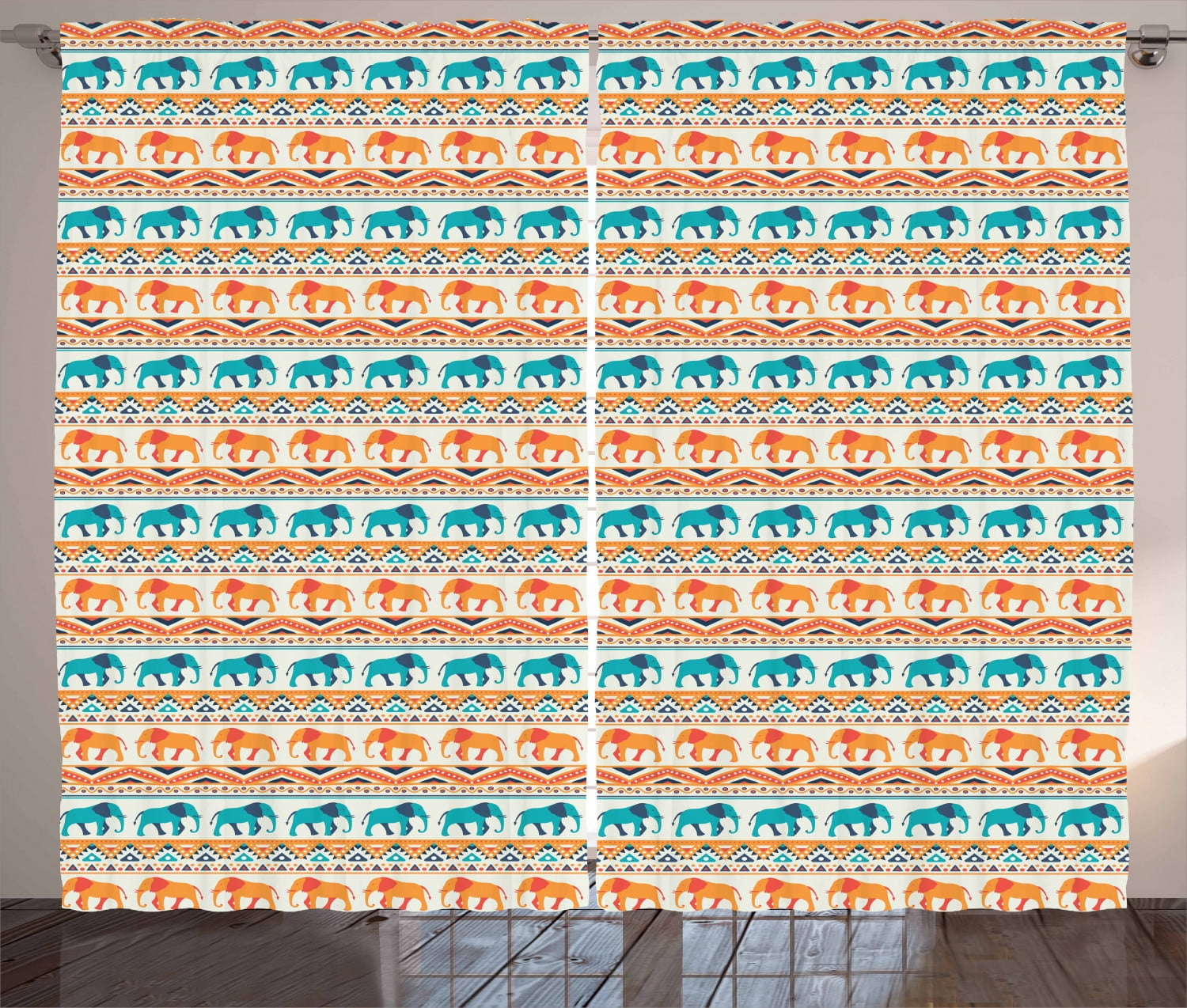 Ambesonne Ethnic Curtains 2 Panel Set, Elephants Triangles, 108" x 63 ...