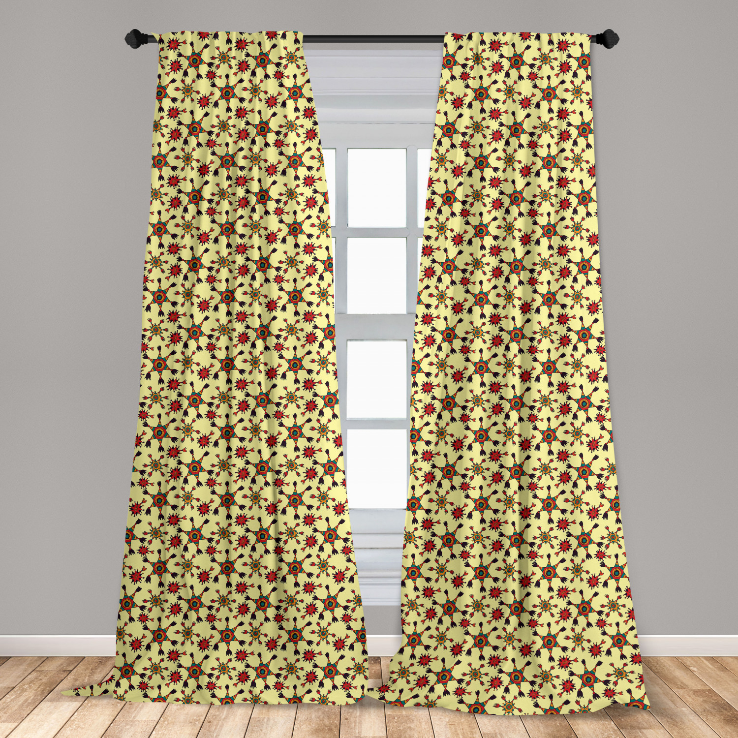 Ethnic Curtains 2 Panels Set Doodle Style Colorful Mexican Star Motifs