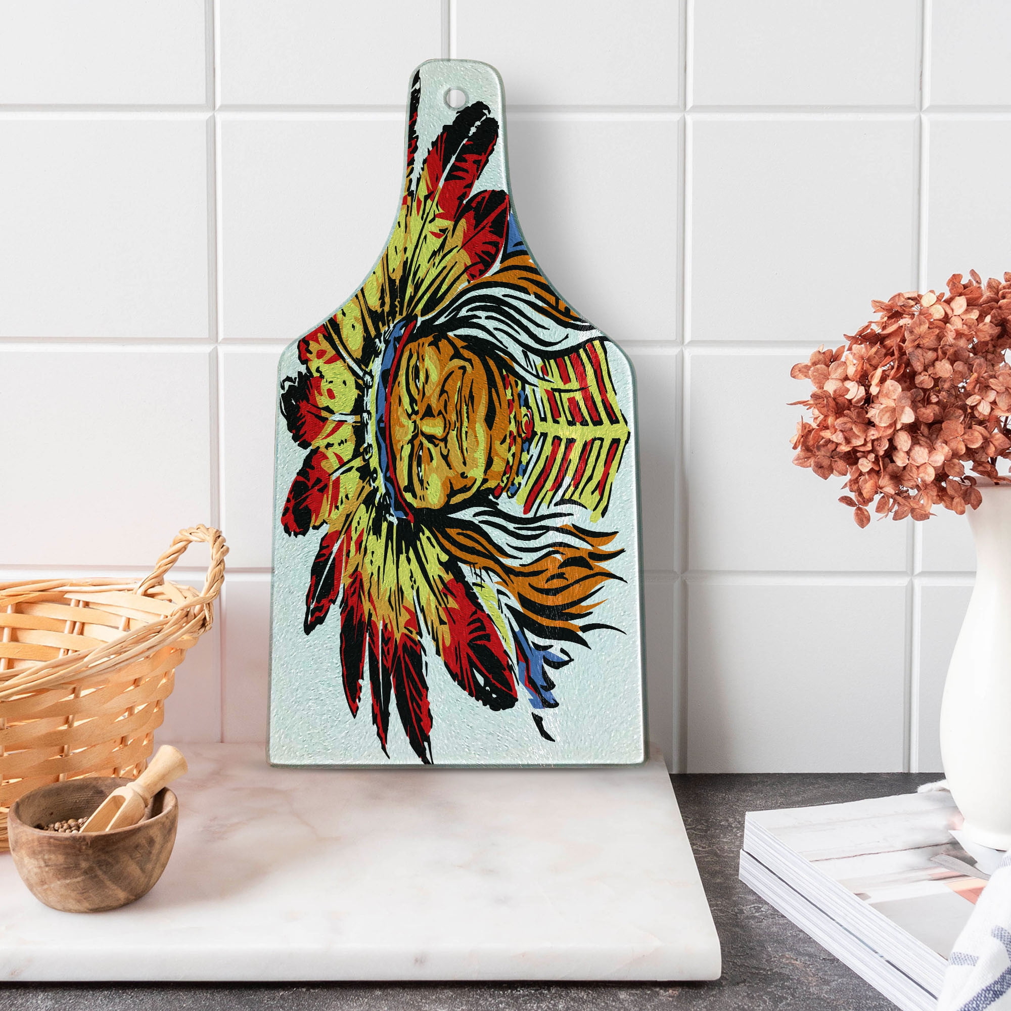 Ethnic Cutting Board, Chief in Vibrant Color Palette Hand Drawn Style ...