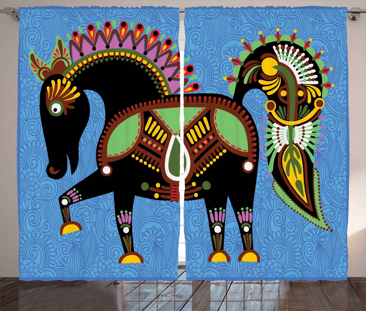 Ambesonne Ethnic Curtains 2 Panel Set, Folkloric Animal, 108" x 84 ...
