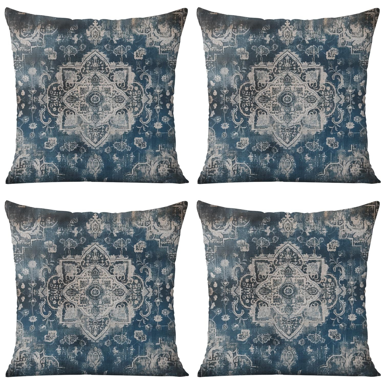 Ethnic Design Boho Decorative Linen Blue Carpet Pattern Throw Pillow ...