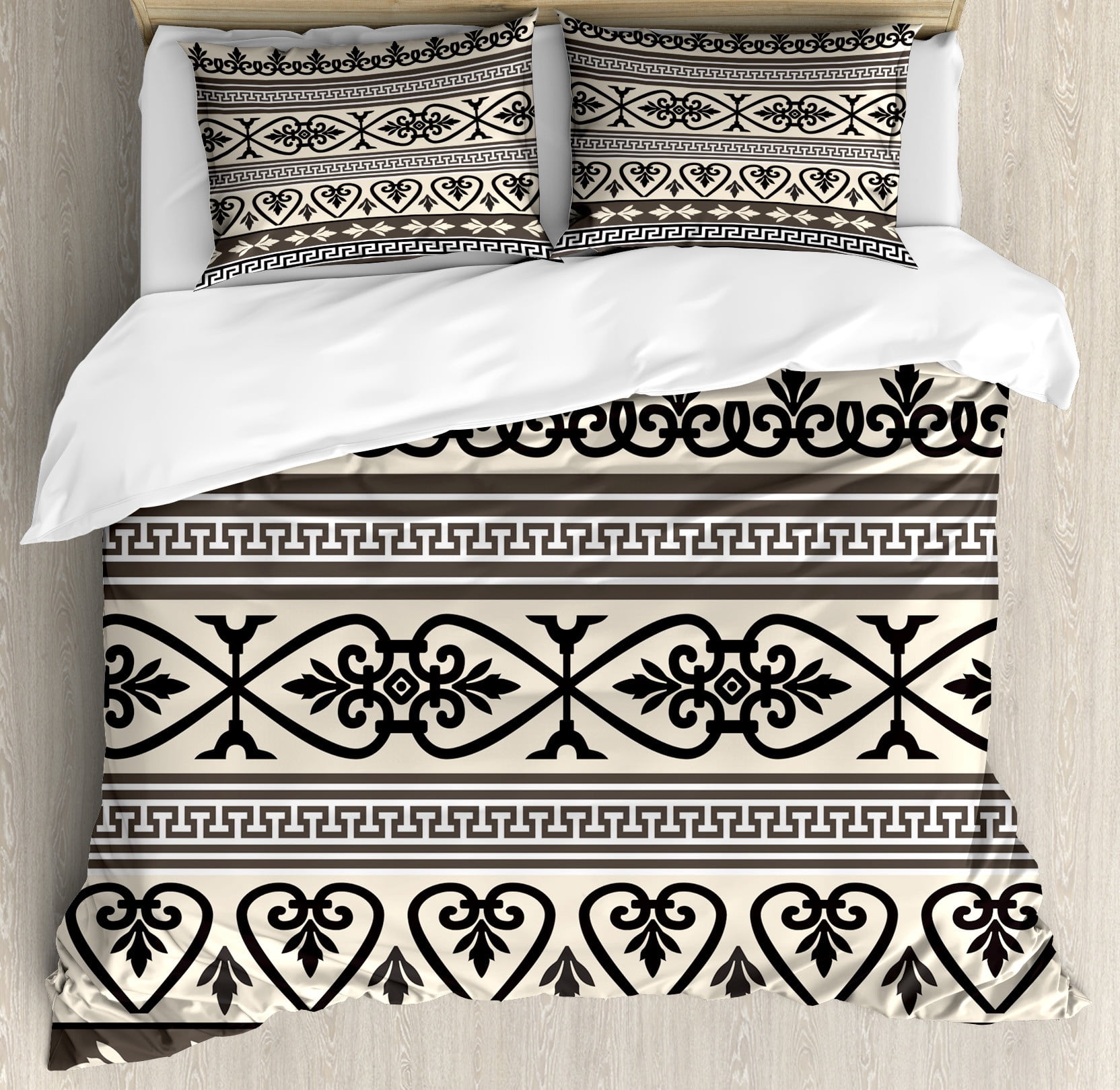 Ethnic Duvet Cover Set, Antique Leaves Hearts Borders Roman Florals Ivy ...