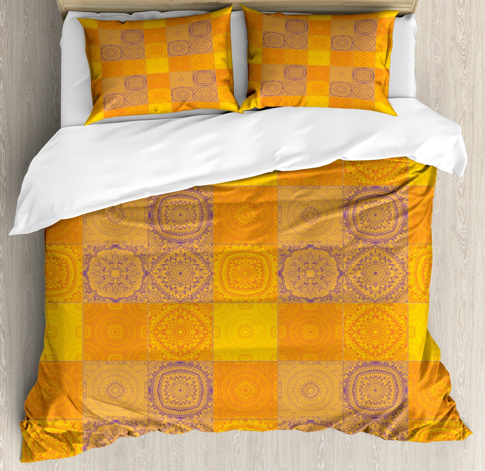 Ethnic Duvet Cover Set, Design Patchwork Style Squares in Oriental ...