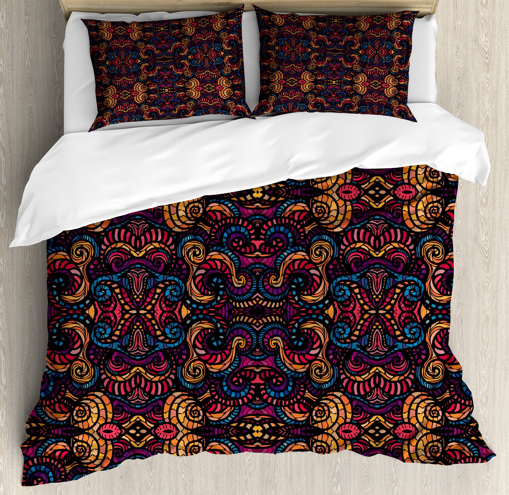 Ethnic Duvet Cover Set, Hand Drawn Image with Oriental Rainbow Colored ...