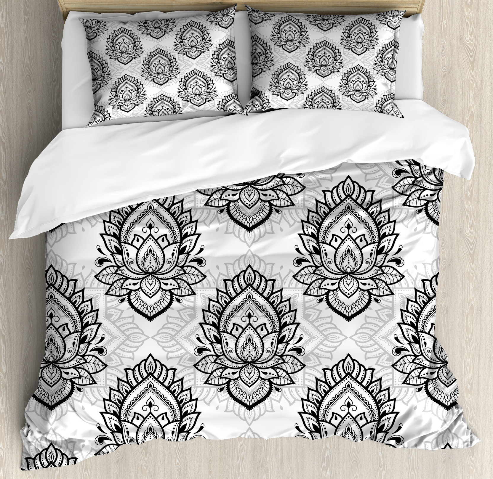 Ethnic Duvet Cover Set, Ethnic Oriental Style Depiction of Lotus Flower in Mandala Pattern ...