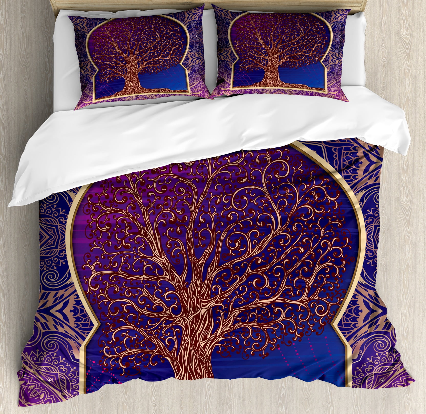 Ethnic Duvet Cover Set, Tree with Curved Leafless Branches Middle ...