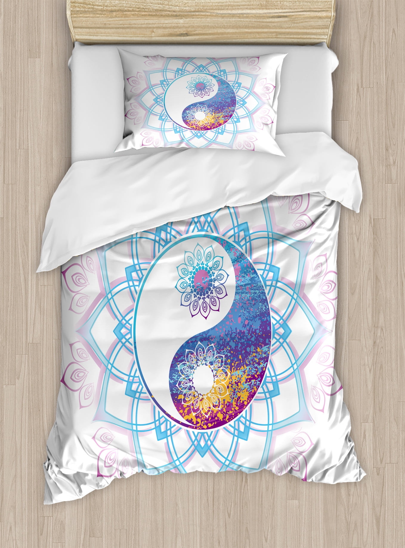 Ethnic Duvet Cover Set, Yin Yang Mandala Hippie Design with Floral ...
