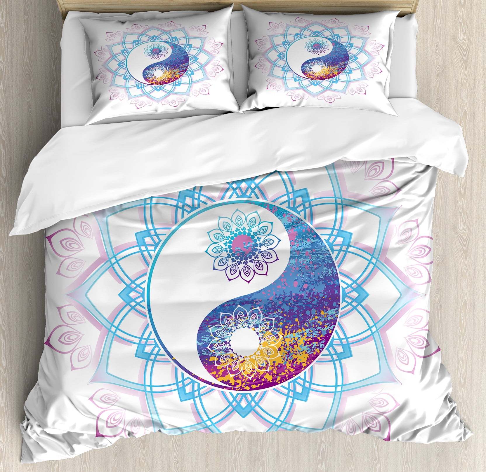 Ethnic Duvet Cover Set, Yin Yang Mandala Hippie Design with Floral ...