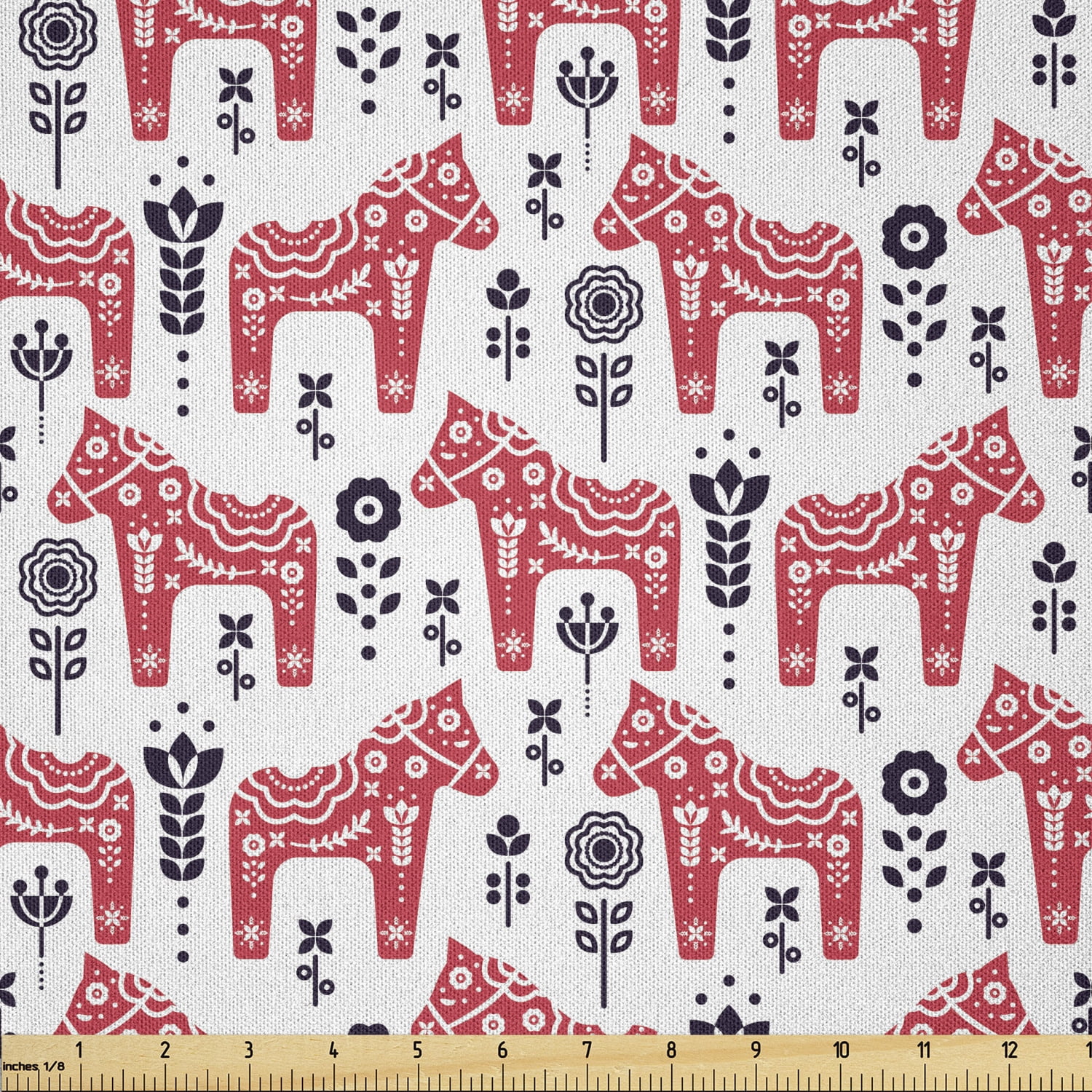Ethnic Fabric by The Yard, Folk Inspired Swedish Dala Horse with Floral ...