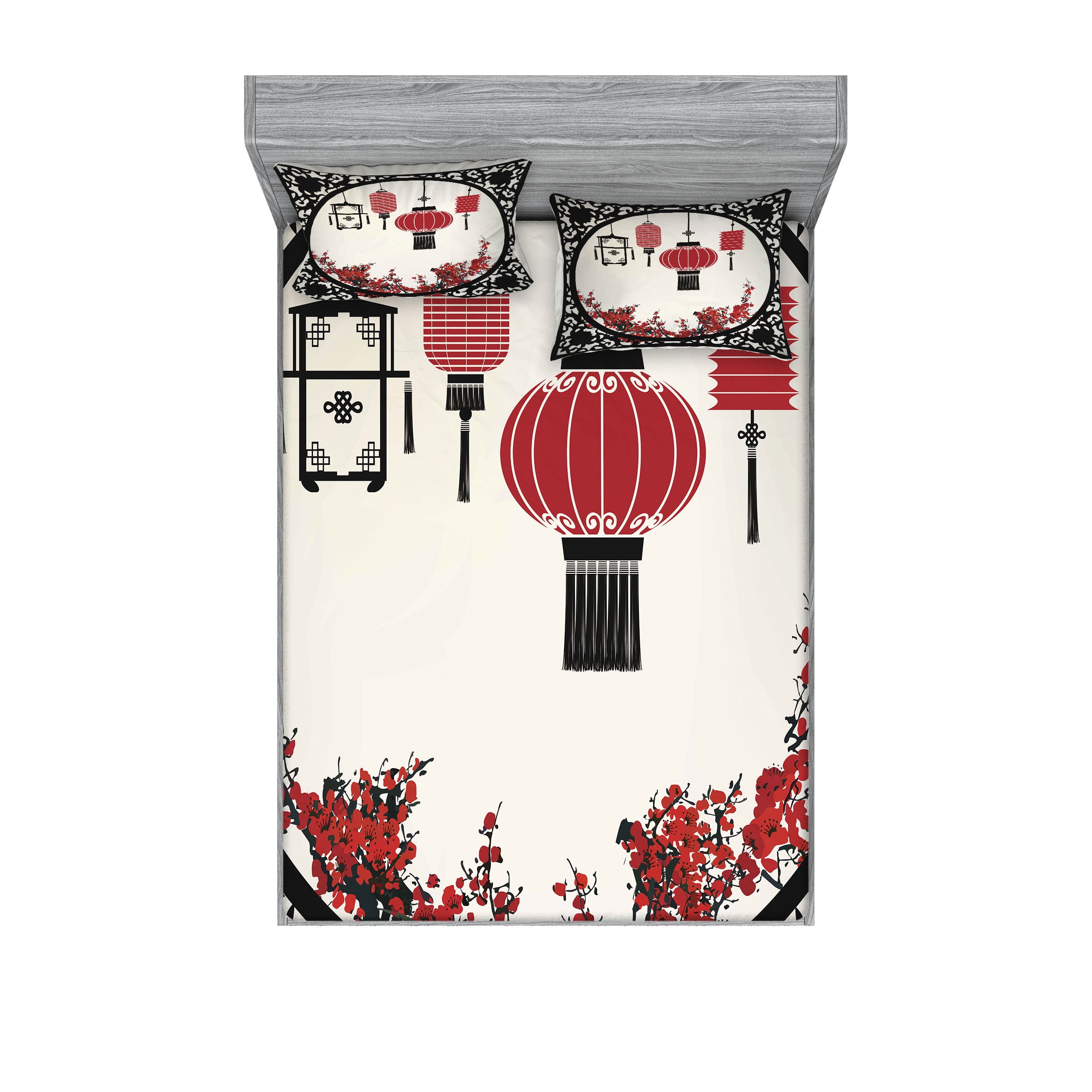 Ethnic Fitted Sheet & Pillow Sham Set, East Folk Art with Japanese ...