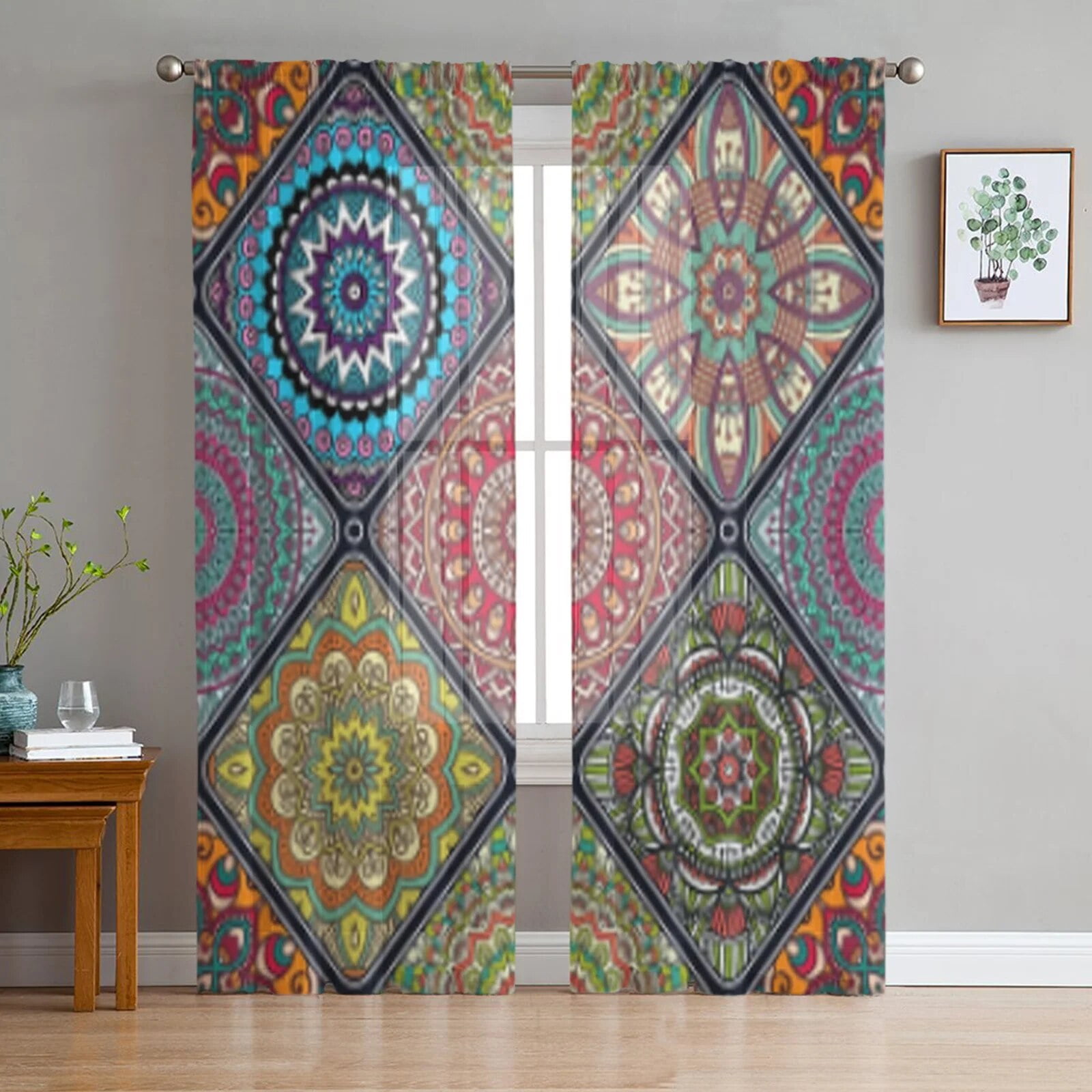 Ethnic Floral Seamless Pattern Sheer Tulle Curtain for Living Room ...