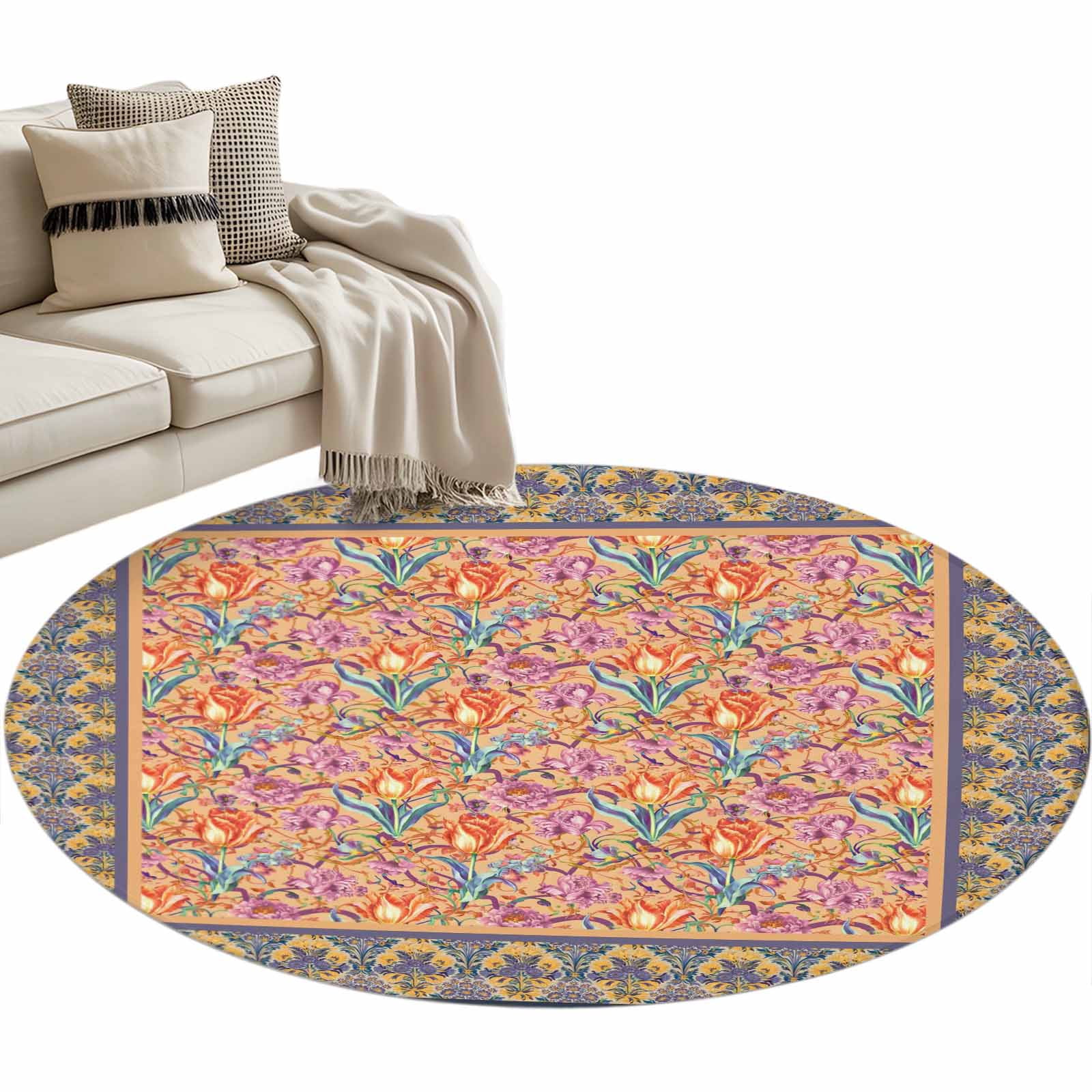 Ethnic Flowers Round Rug 3.3Ft Abstract Red Purple Floral Purple Yellow ...