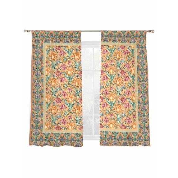 Ethnic Flowers Sheer Curtains 2 Panels Set Abstract Red Orange Floral ...