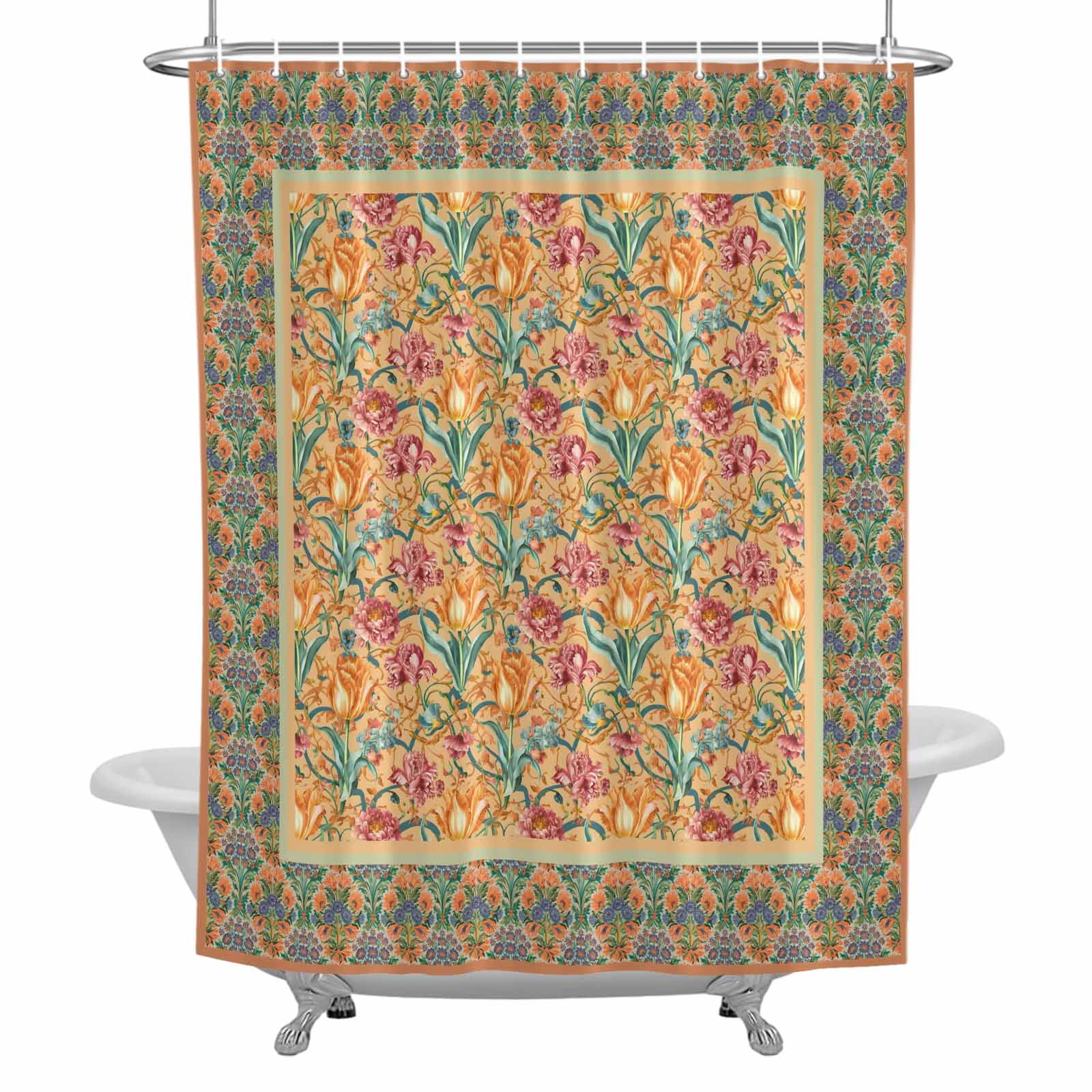 Ethnic Flowers Shower Curtain for Bathroom, Abstract Red Orange Floral ...