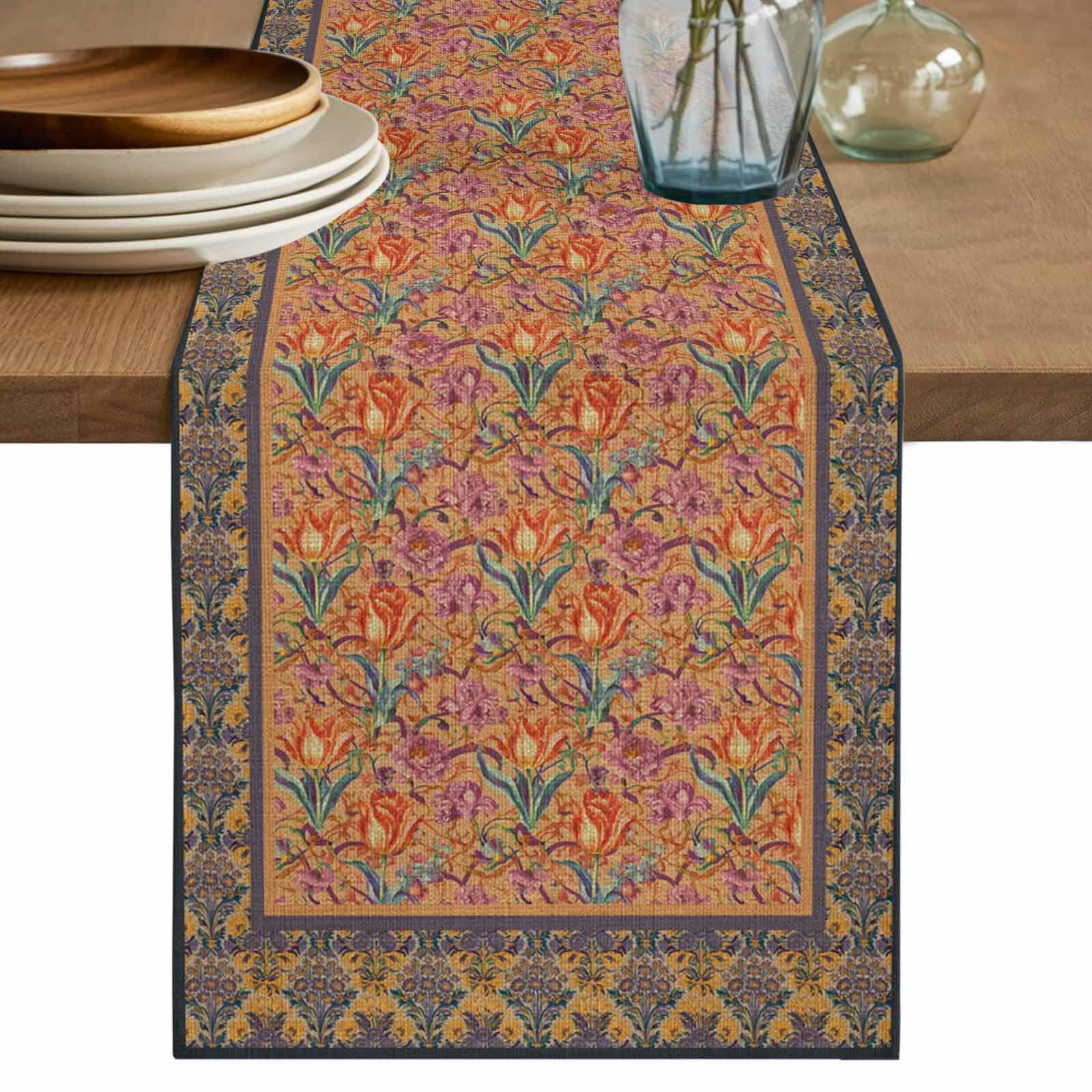 Ethnic Flowers Table Runner, Abstract Red Purple Floral Brown Yellow ...