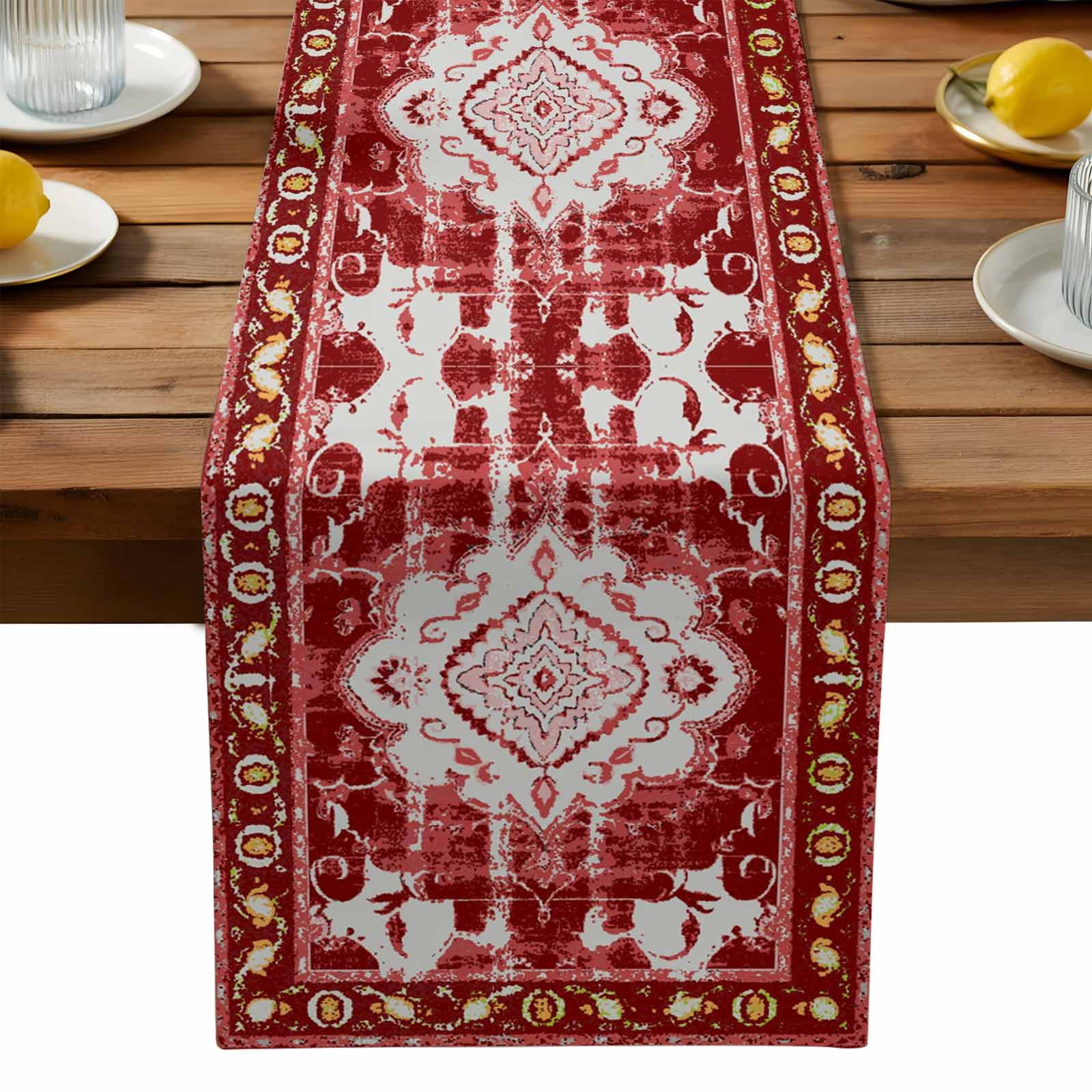 Ethnic Geometric Red Floral Table Runner-70 Inch Long Abstract Vintage ...