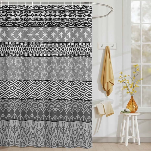 Ethnic Gray Geometric Retro Shower Curtain Set, Waterproof Shower ...