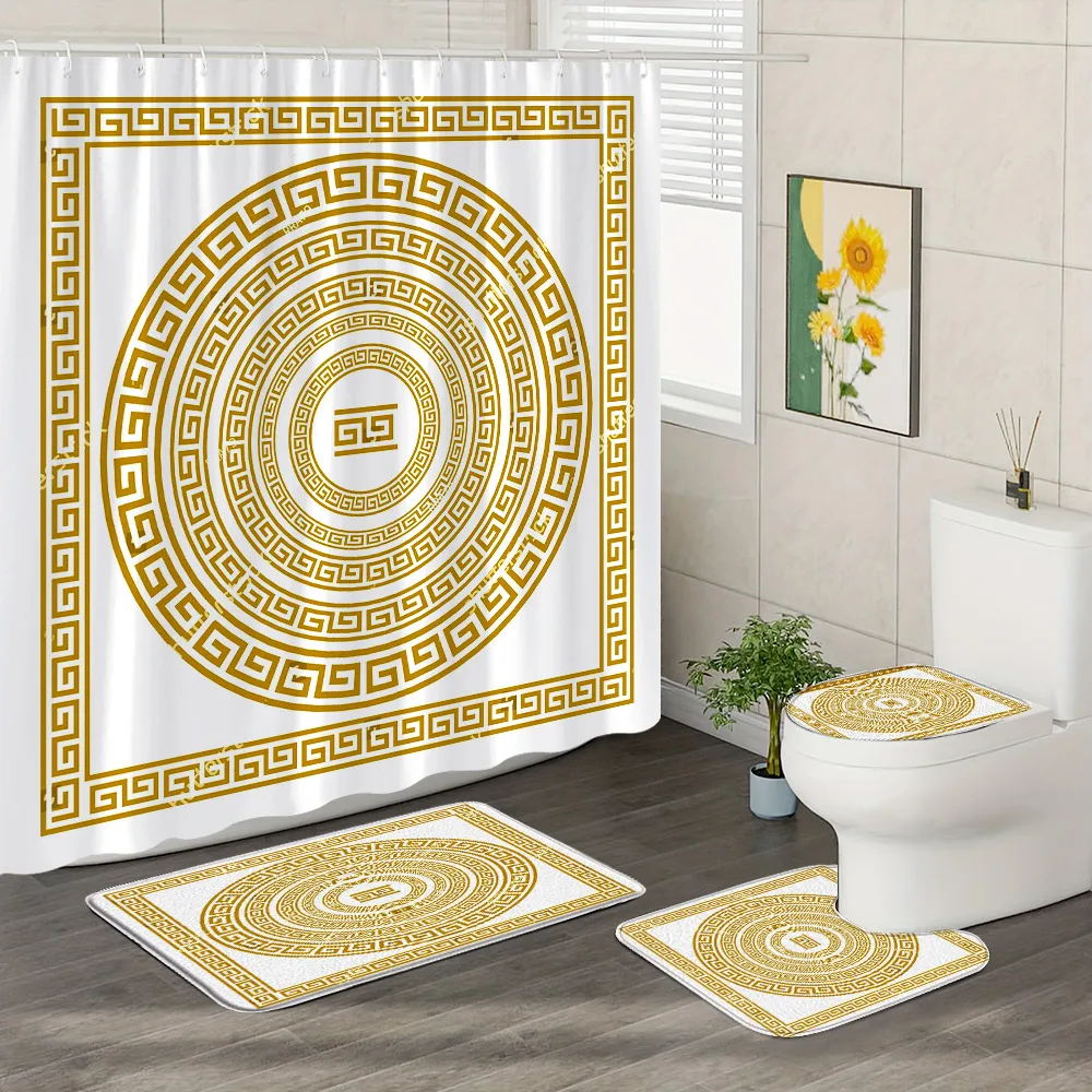 Ethnic Greek Key Shower Curtains Bath Mat Traditional Meander Border Bathroom Non-Slip Toilet ...