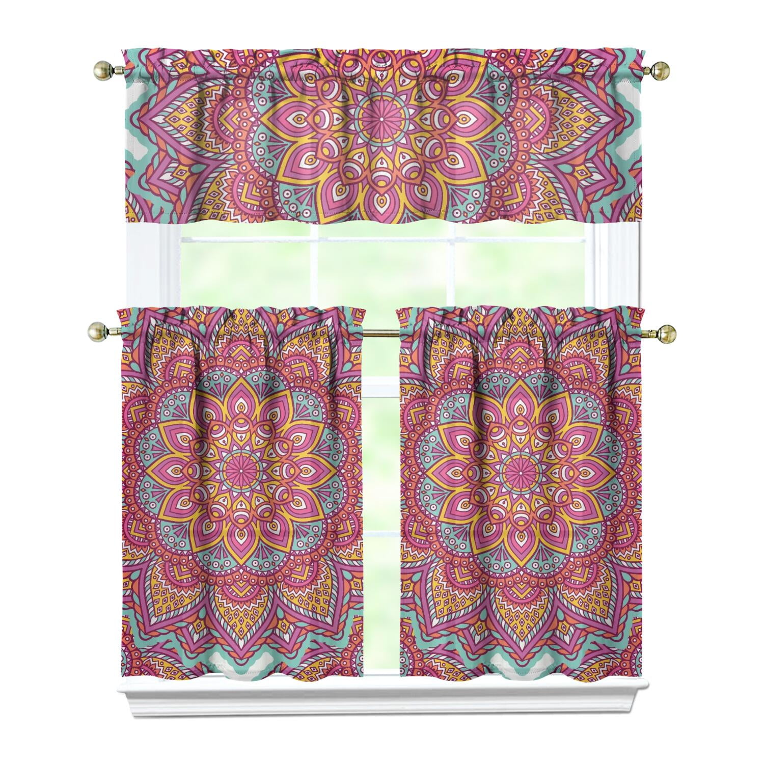 Ethnic Mandala Art Kitchen Curtains Set of 3 - Sacred Symbolic Tribal ...