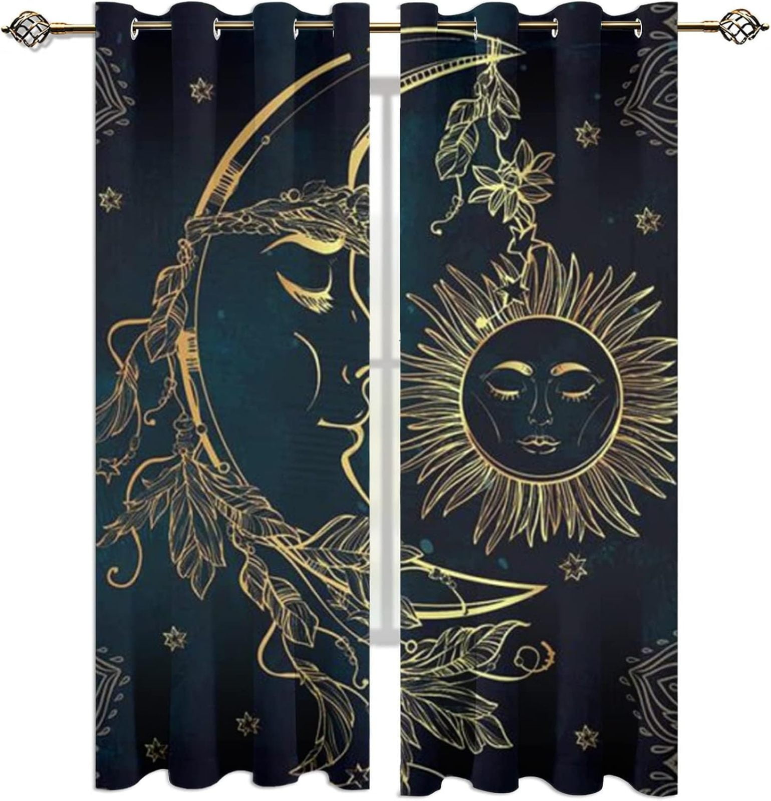 Ethnic Moon Sun Moon Star 3D Print Window Curtain Panel, Abstract ...