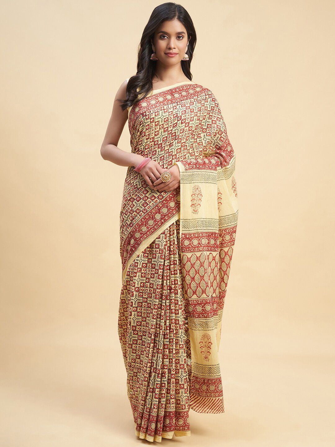 Ethnic Motifs Printed Pure Cotton Sanganeri Block Print Saree ...