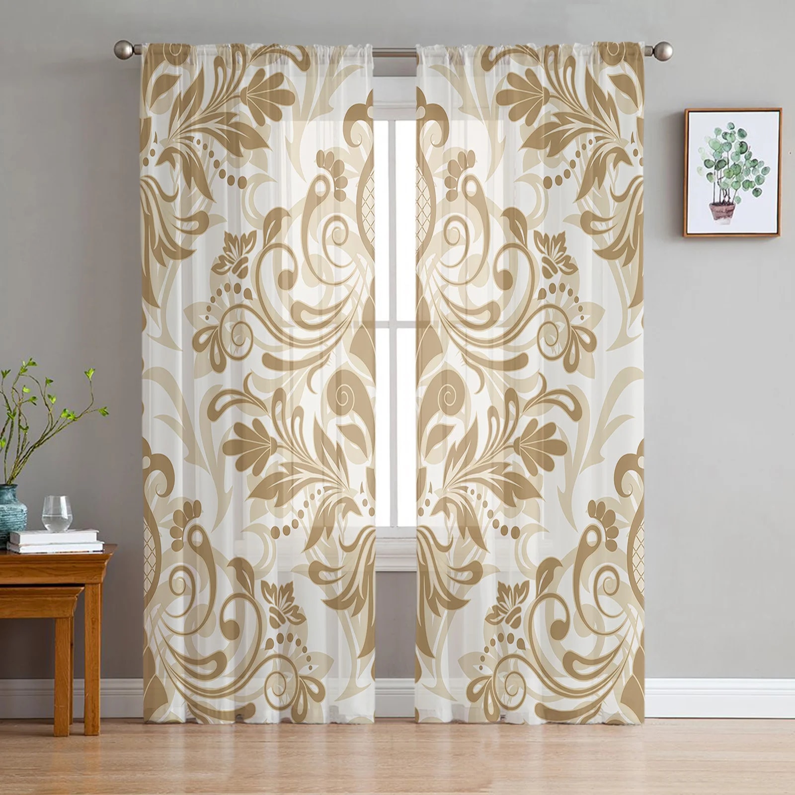Ethnic Pattern Flower Leaves Texture Tulle Curtains for Living Room ...