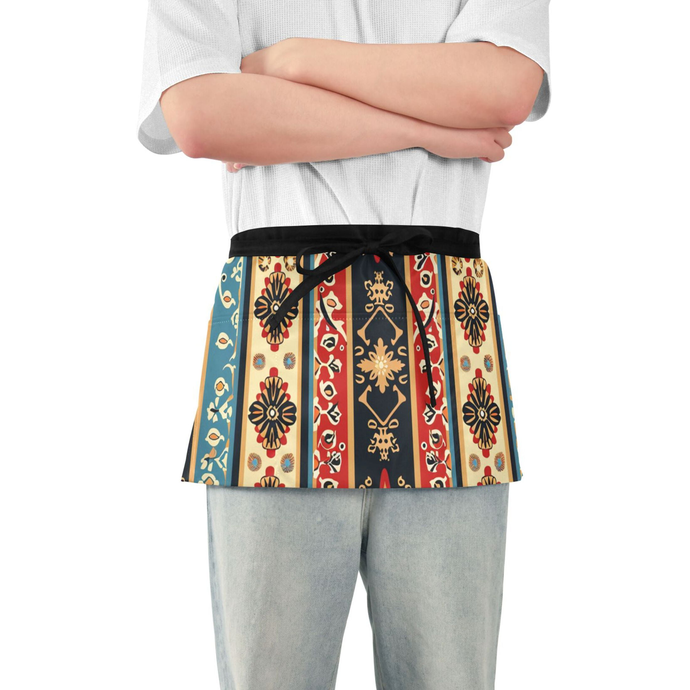Ethnic Red and Black Stripes Short Server Apron with 3 Pockets for ...