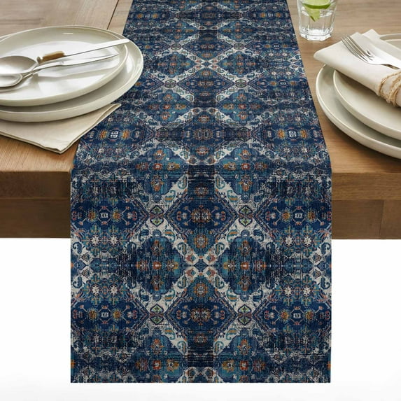 Ethnic Retro Table Runner 13x120 inch Abstract Geometric Texture Blue ...