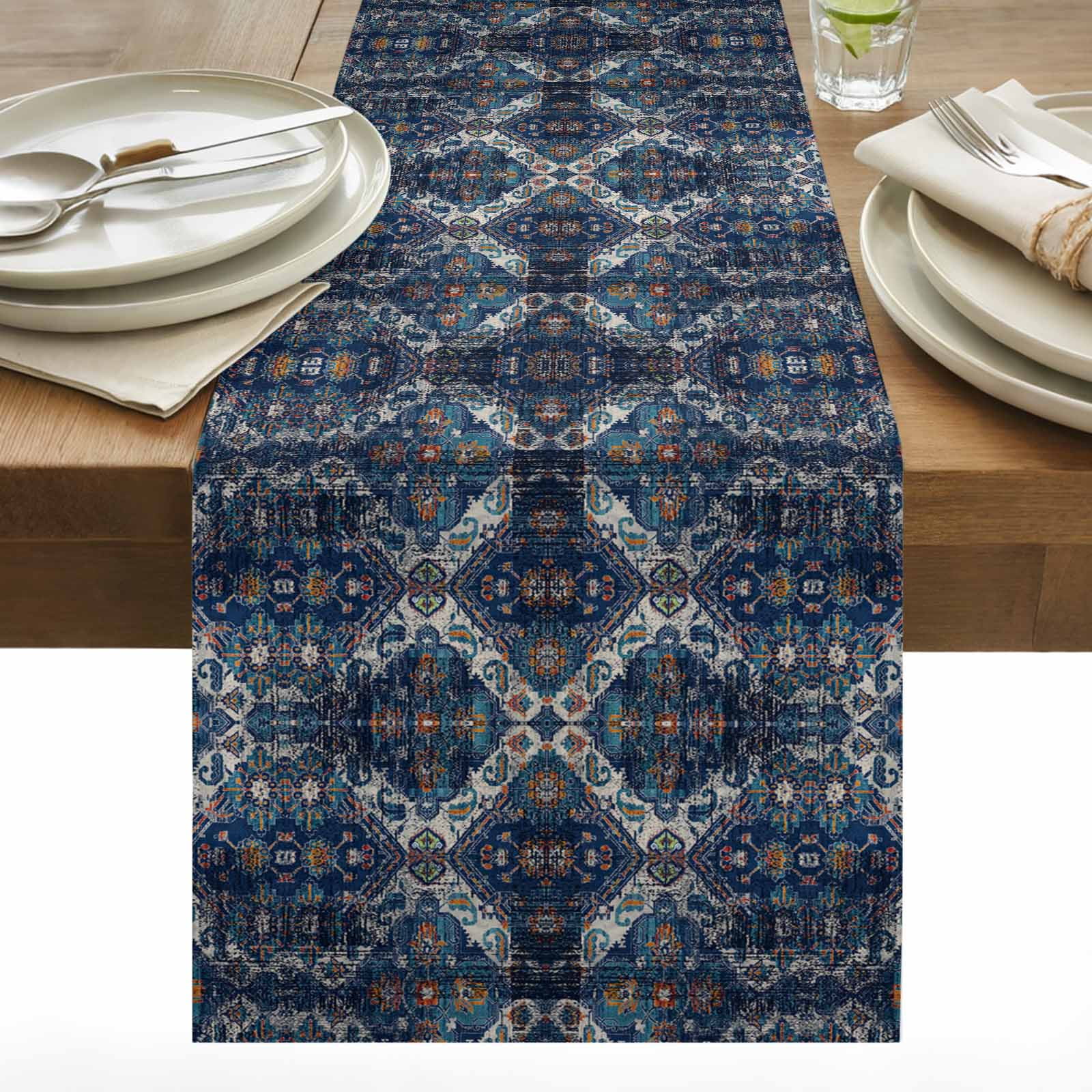 Ethnic Retro Table Runner 13x48 inch Abstract Geometric Texture Blue ...