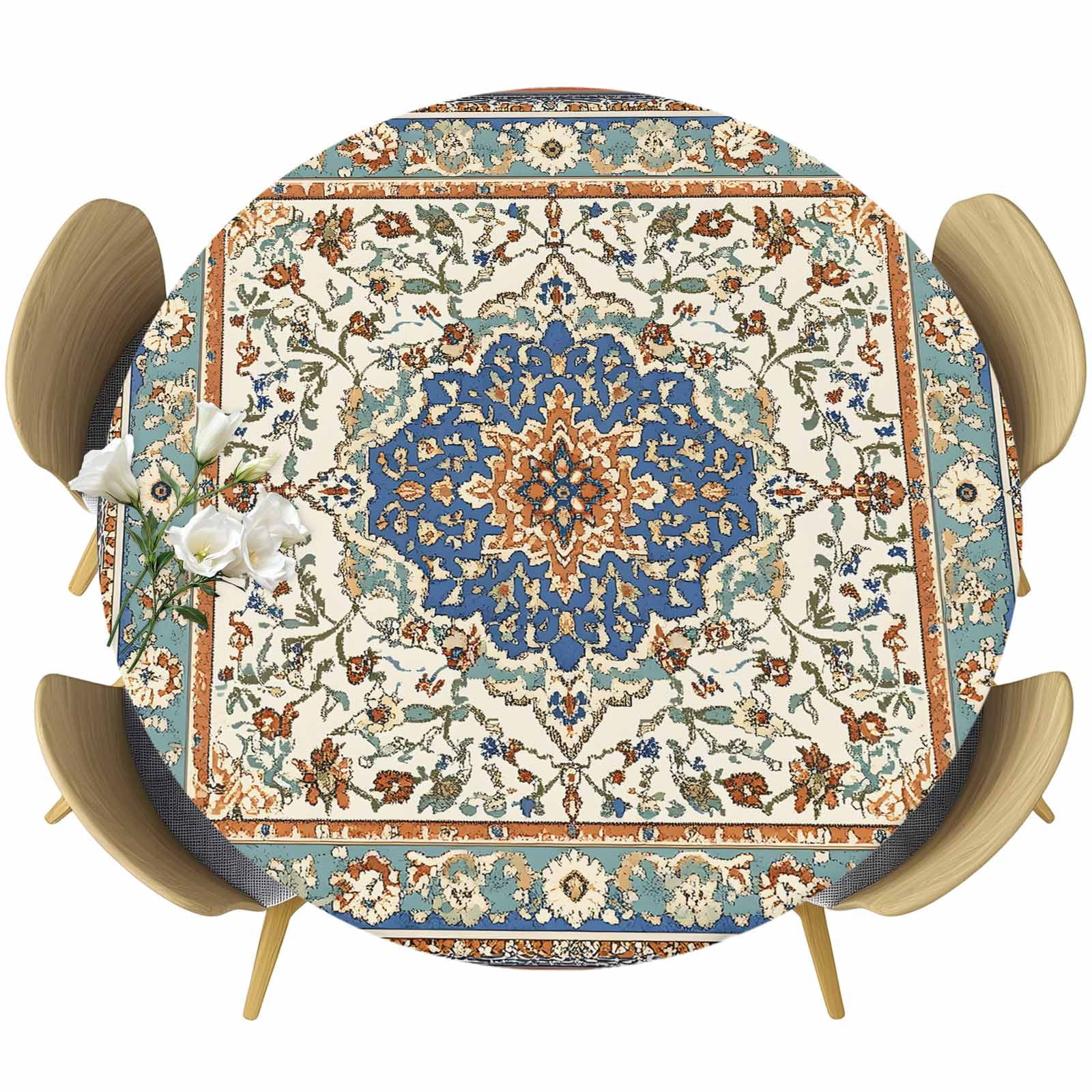 Ethnic Rustic Table Cloth, Round Fitted Tablecloths with Elastic Edge ...
