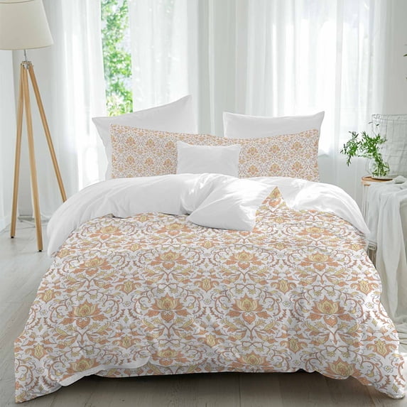 Ethnic Style Duvet Cover Set Queen Size, Medieval Retro Yellow Flower ...
