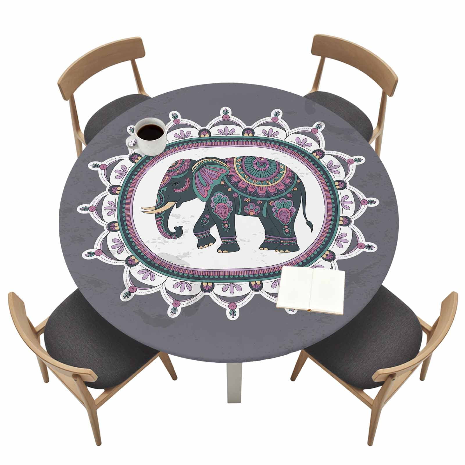 Ethnic Style Elephants Round Fitted Tablecloth with Elastic Edge Retro ...