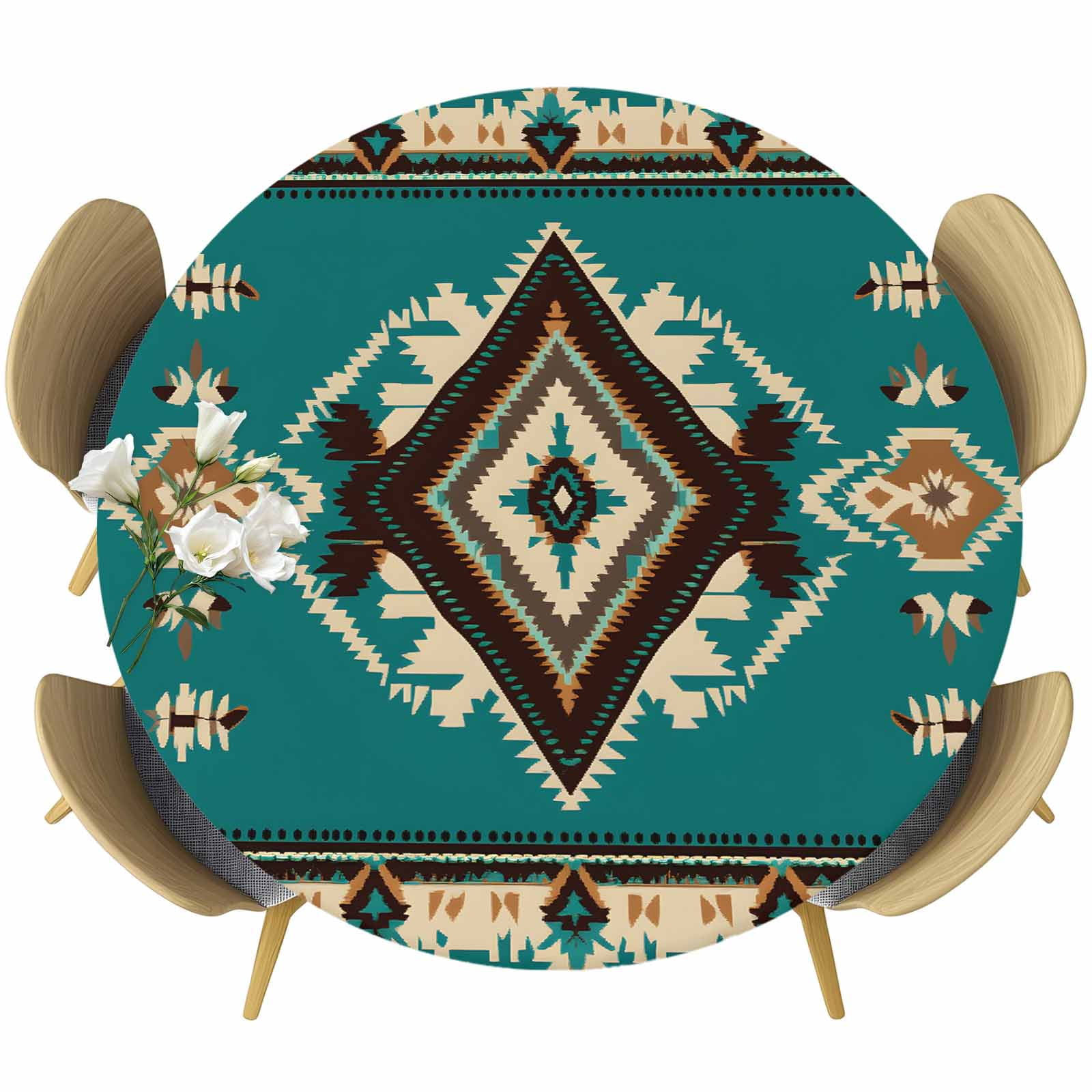 Ethnic Style Pattern Round Fitted Table Cover Retro Green Abstract ...