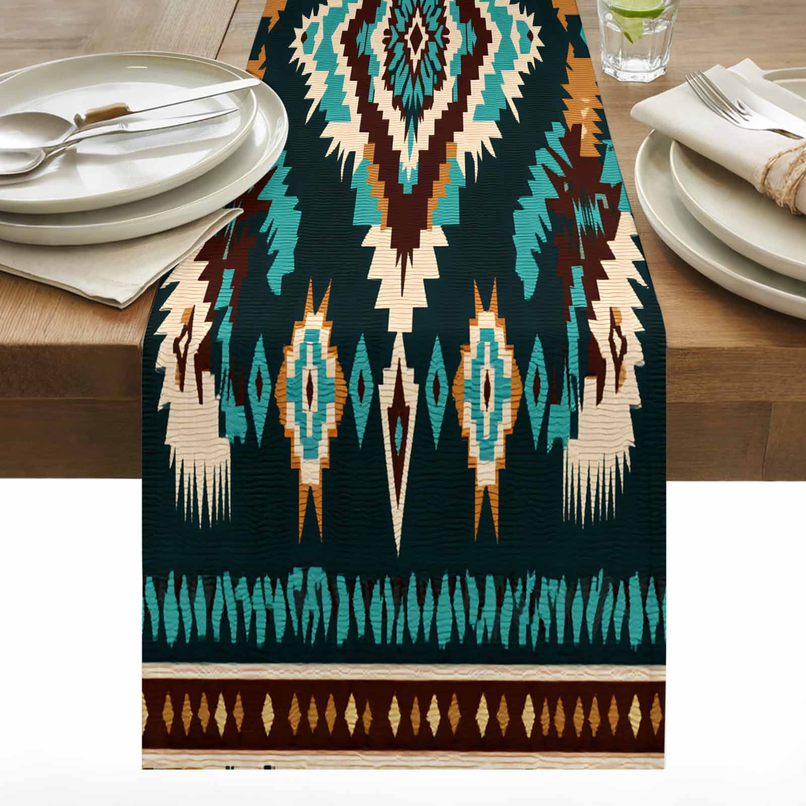 Ethnic Style Pattern Table Runner 13x120 inch Retro Green Weaving Abstract Cotton Linen Dining ...