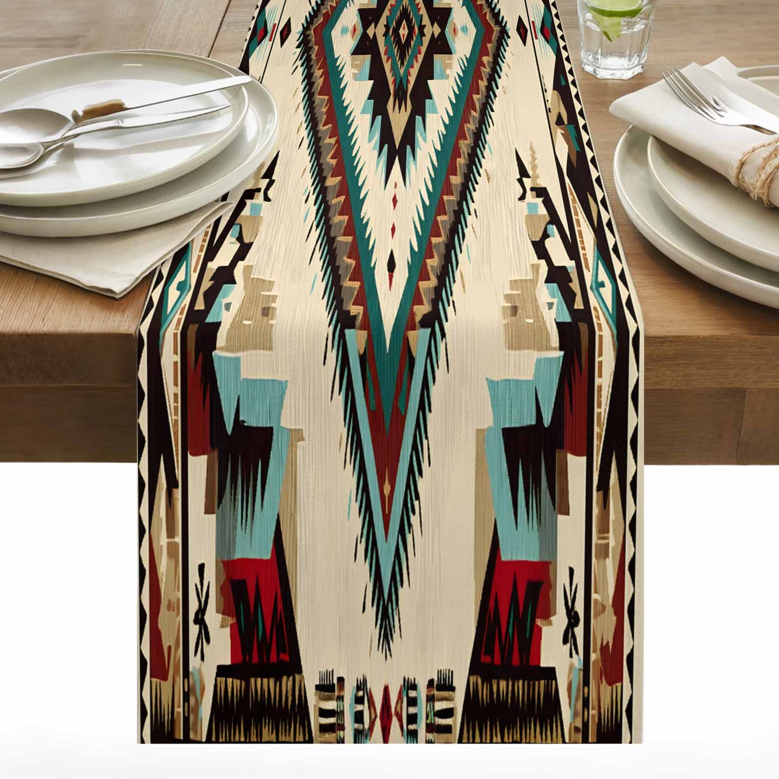 Ethnic Style Pattern Table Runner 13x90 inch Retro Brown Red Weaving Abstract Art Cotton Linen ...