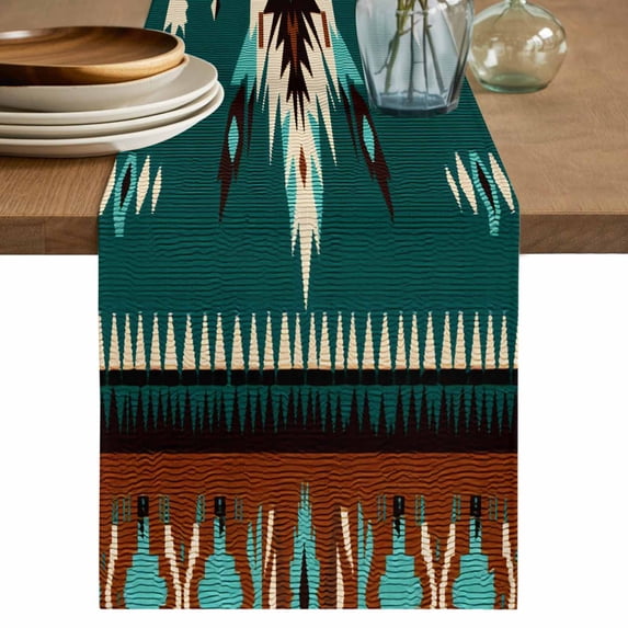 Ethnic Style Pattern Table Runner, Vintage Red Green Weaving Abstract ...