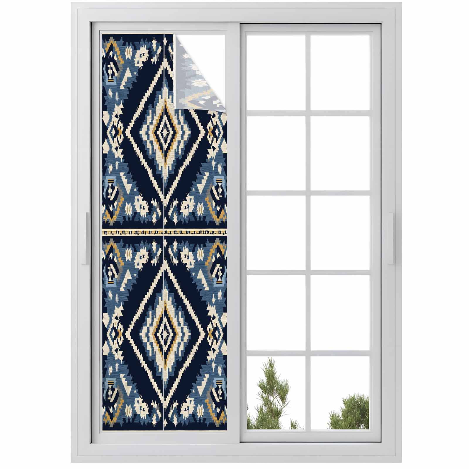 Ethnic Style Pattern Window Privacy Film Vintage Blue Weaving Abstract ...